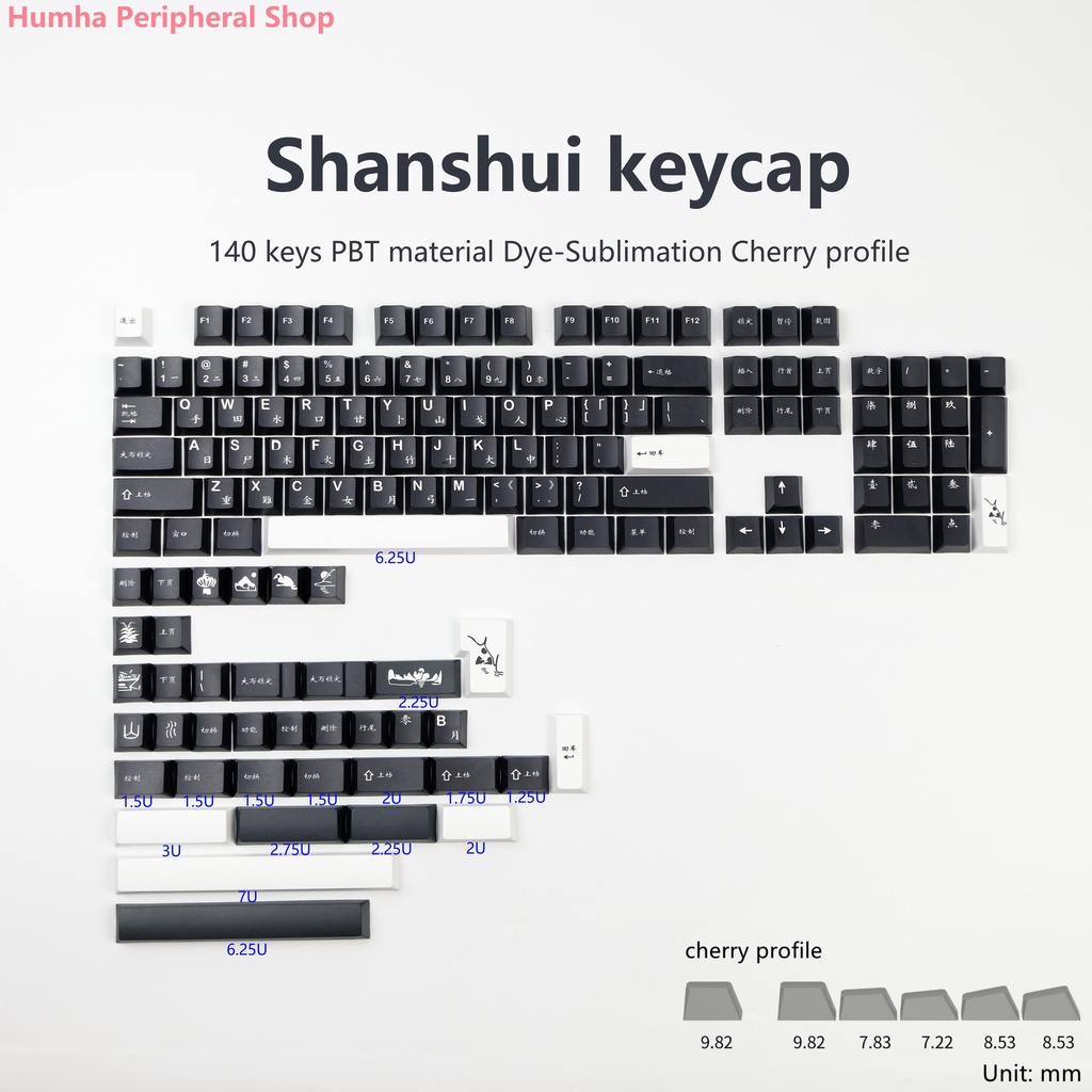 Humha Shanshui keycap 140 keys PBT material Dye-Sublimation Cherry profile Mechanical Keyboard ...