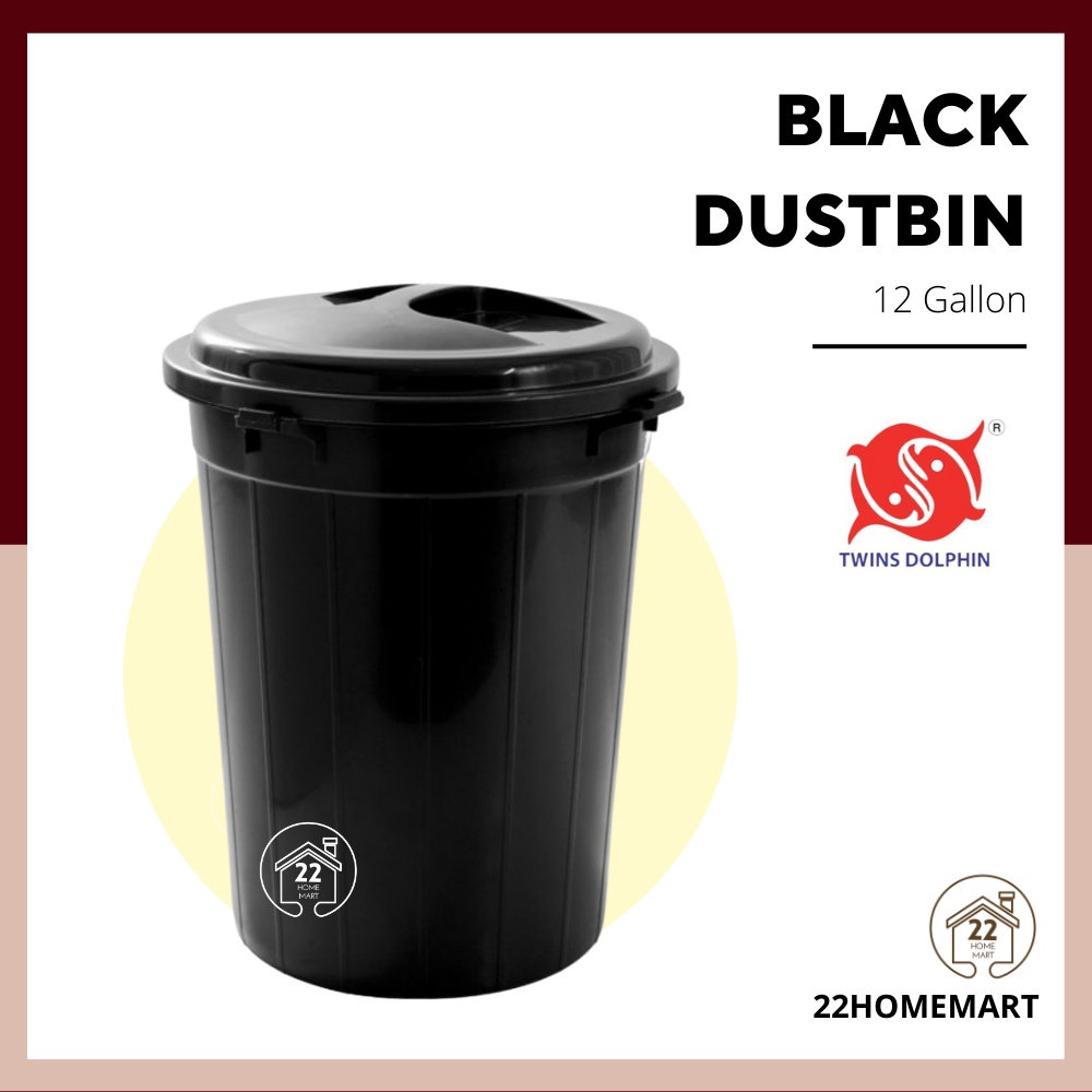12 Gallon Black Big Plastic Dustbin with Cover Tong Sampah Hitam Black ...