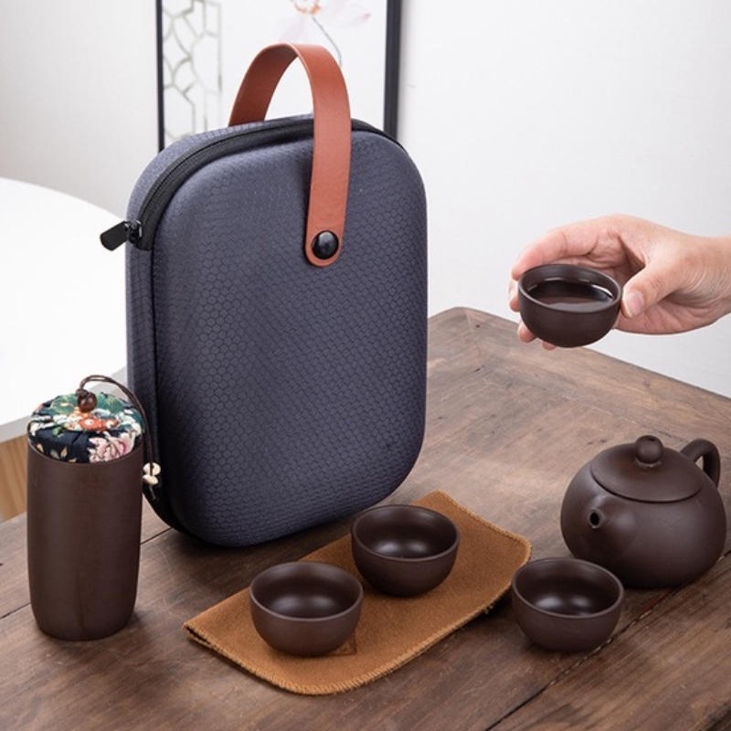 Portable Travel Teapot Set Purple Sand Ceramic 6-Piece Tea Set 1 Teapot ...