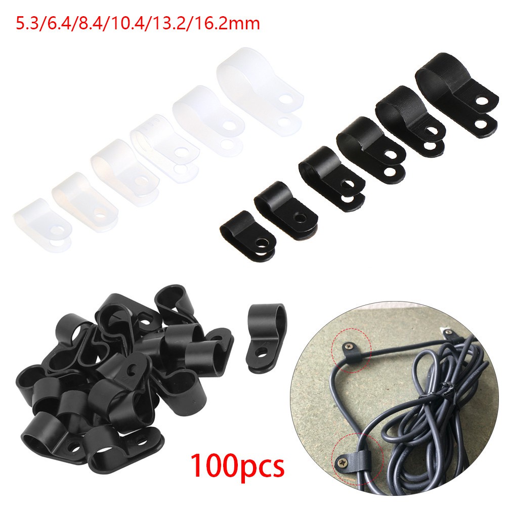 100pcs/pack R-Type Clip Durable Pipe Mounting Fix Nylon Cable Clamp Electrical Fittings Metal ...