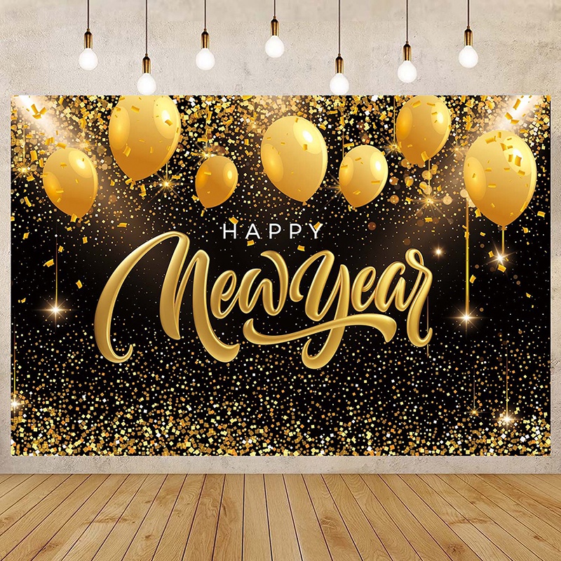 1.5*1M Vinyl Happy New Year 2025 Black Gold Glitter Backdrop Christmas ...