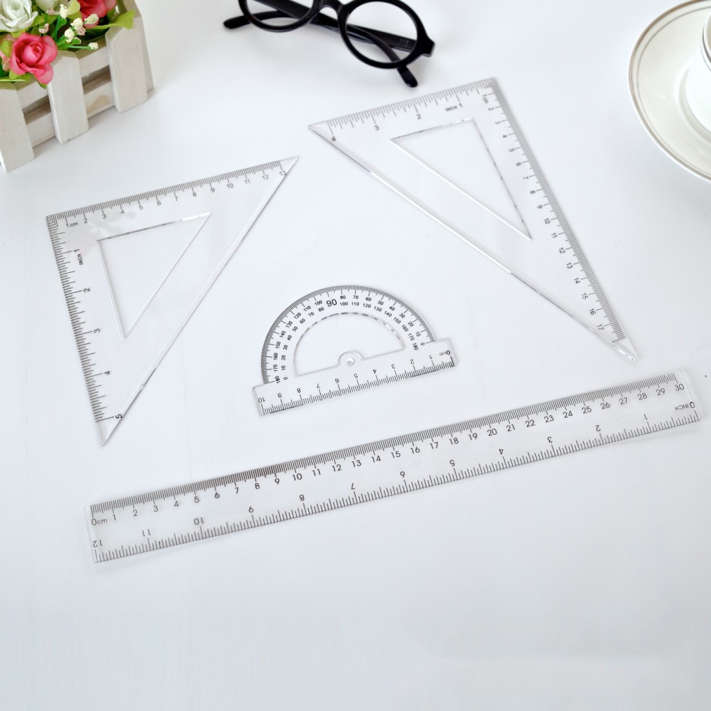 4PCS/Set Transparent Color Math Geometry Ruler Set 20CM School Office ...