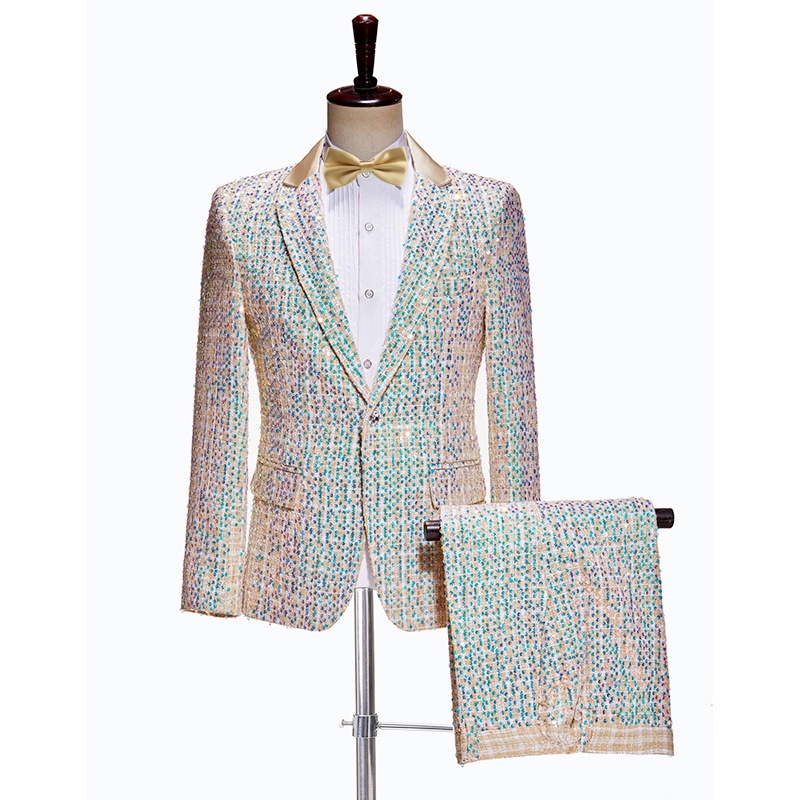 Men's slim champagne sequin dress suit stage performance suit host show ...