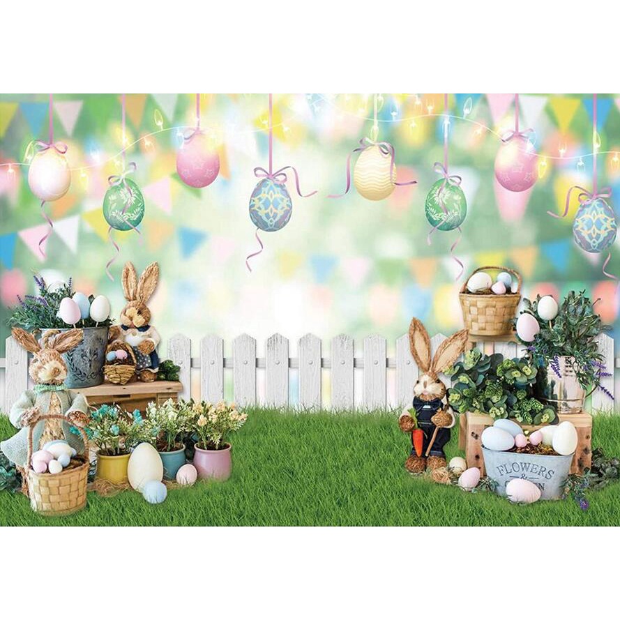 7x5ft Easter Backdrop Spring Garden Flower Stand Fence Eggs Green Grass ...
