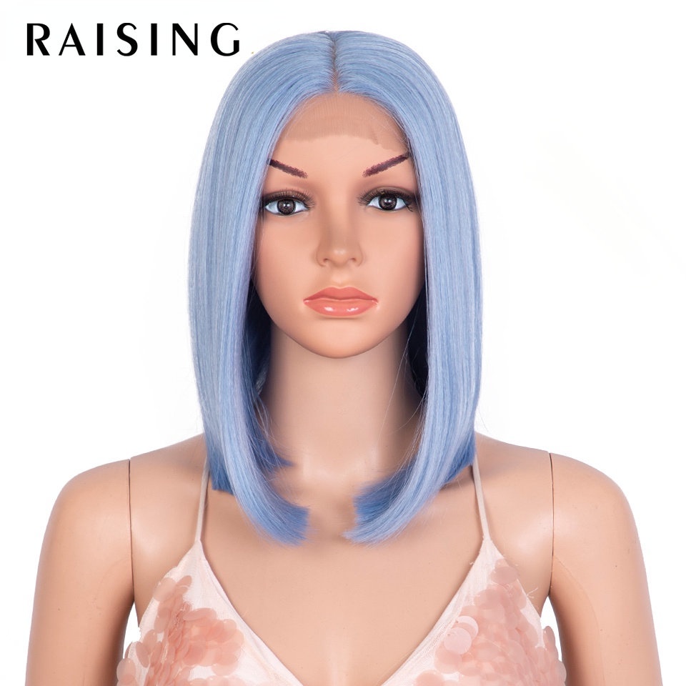 Raising Synthetic Lace Wig Straight Short Bob Ombre Blonde Blue Middle ...