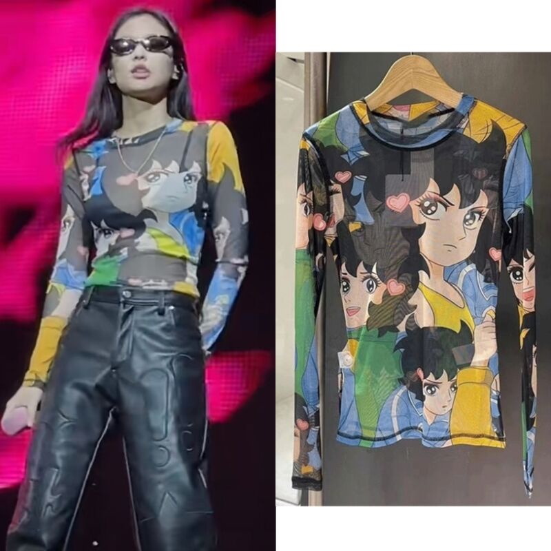 Blackpink Jennie Fashion Round Neck Cartoon Portrait Printing Slim Long ...