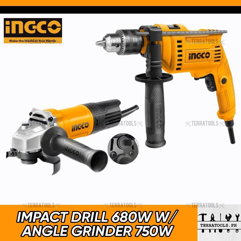 INGCO COMBO SET (ANGLE GRINDER 750w AG750282 +IMPACT DRILL 680w ...