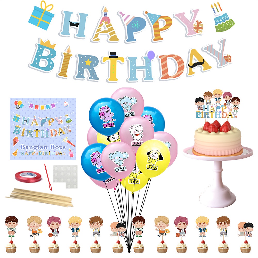 BTS Latex Balloon Bt21 Banner Star Cake Topper Birthday Set Happy ...