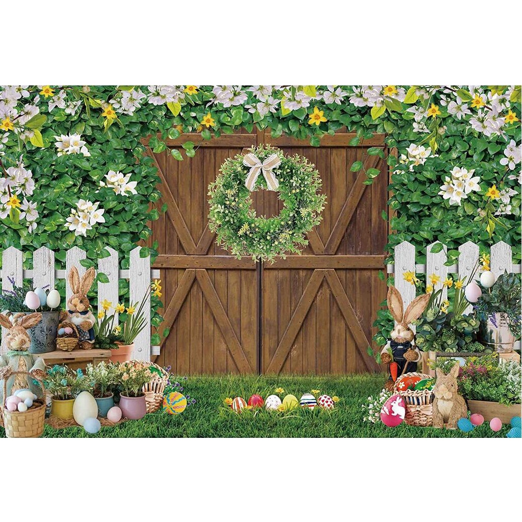 Spring Easter Backdrop Wood Door Green Grass Photography Background ...