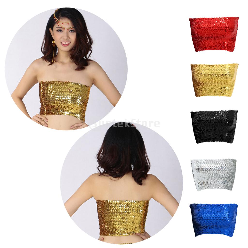 Womens Sparkling Sequins Stretch Crop Tube Blouse Party Clubwear Tube ...
