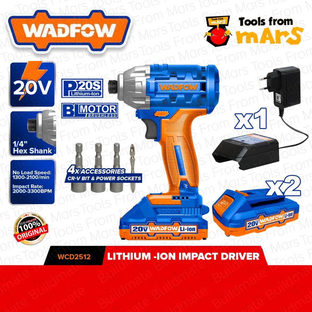 WADFOW Lithium-Ion Cordless Brushless Motor Impact Driver W/ 2x Battery ...