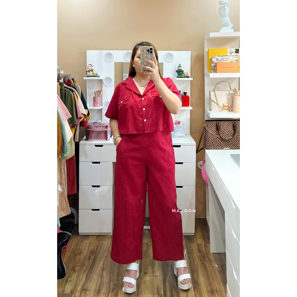 Cotton Linen Polo w/pocket Semi Crop-top Squarepants Terno For Chubby ...