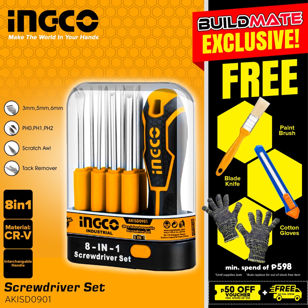 BUILDMATE Ingco 8 IN 1 Screwdriver Set CR-V with Interchangeable Handle ...