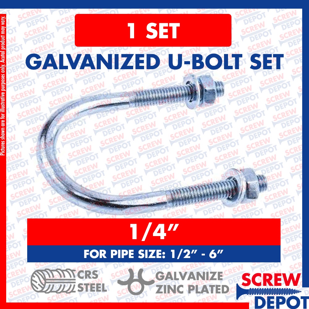 1SET 1/4 Ubolt Galvanized / U-bolt / U Bolt with nut and washer inches for GI Pipe / Screw Depot ...