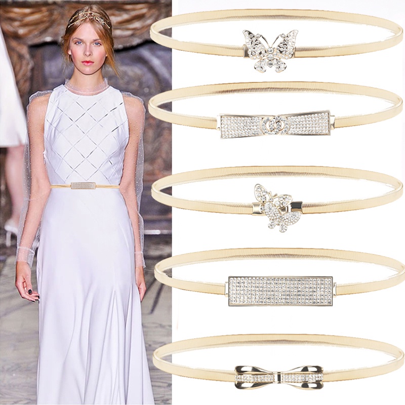 Fashion Womens Elastic Metal Waist Belt Gold Chain Belt Female Bow ...
