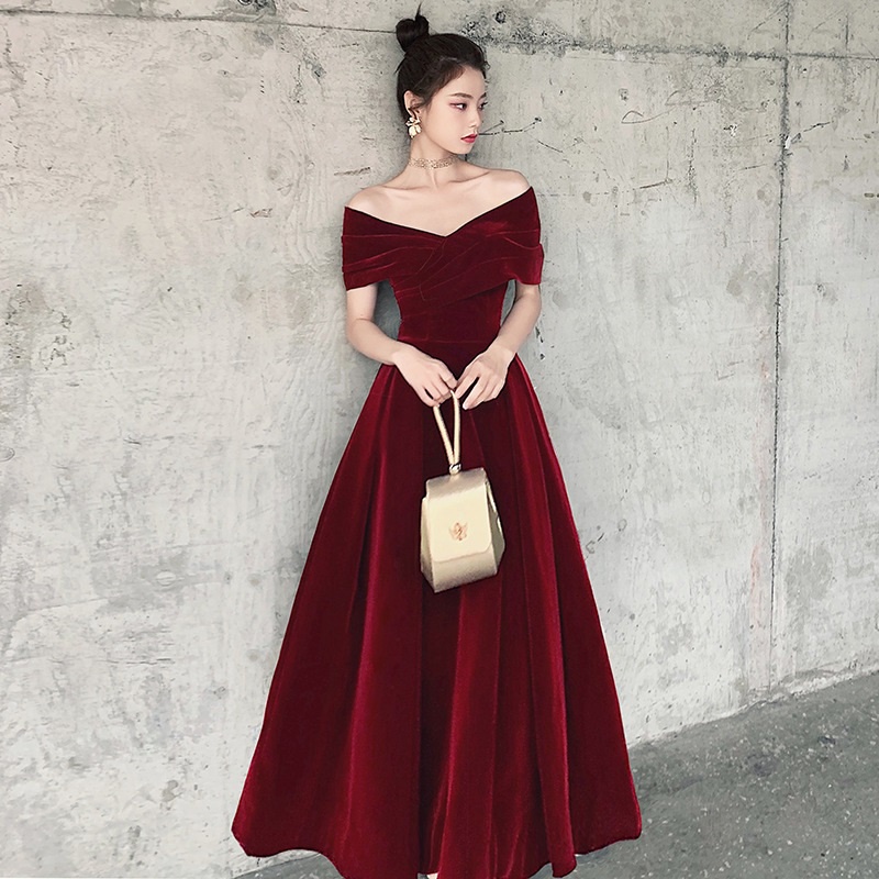 Elegant Wine Red/Black Velvet Bridal Toast Dress Off Shoulder A-line ...