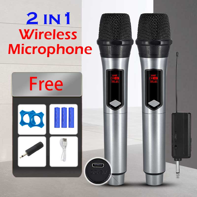 Rechargeable 2 In1 Wireless Microphone, UHF Cordless Handheld Mic ...