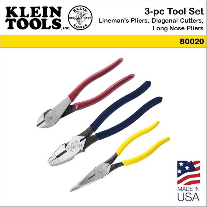 Klein Tools 80020 Tool Set with Lineman's Pliers, Diagonal Cutters, and ...