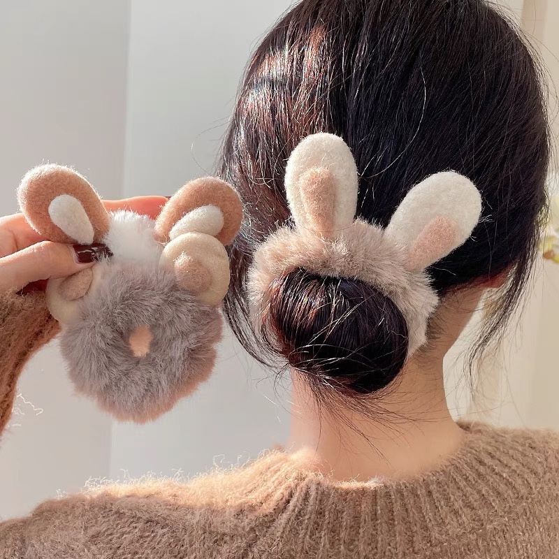 Plush rabbit ears hair tie kids cute with bear ears scrunchies pony ...