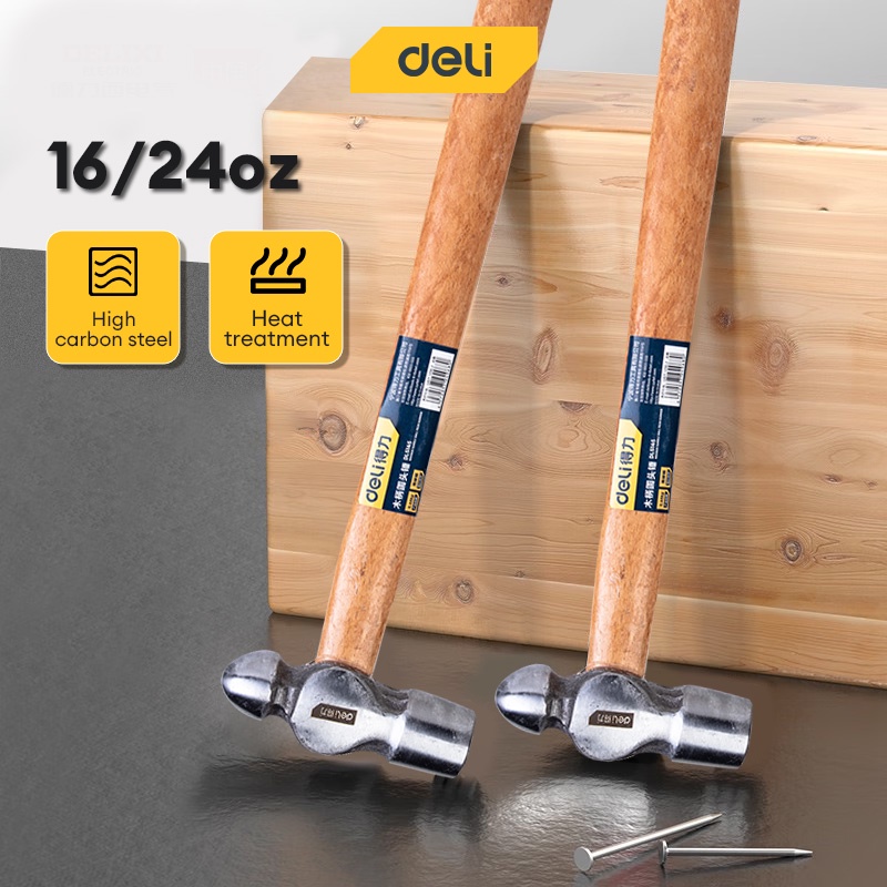 Deli 16/24oz Heavy Duty Round Head Hammer Ball Pein Hammer With Wooden ...