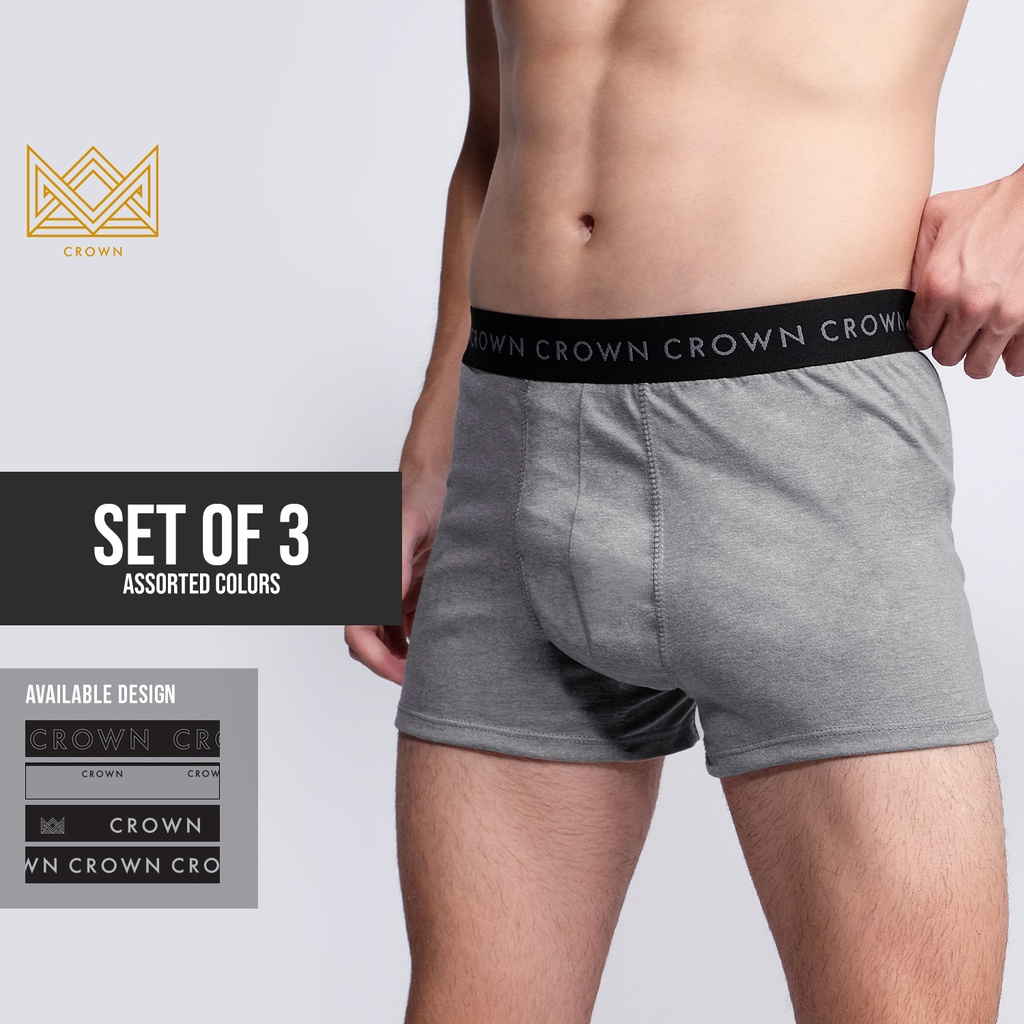 Crown Mens Boxer Brief Set of 3 Garterized Design Random Color Cotton ...