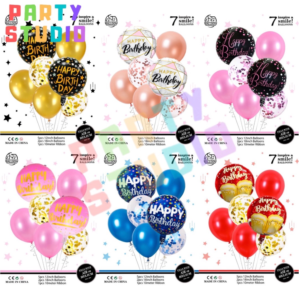 PS-369 Metallic Happy Birthday Confetti Balloon Set (7 pcs) 12 Inches ...