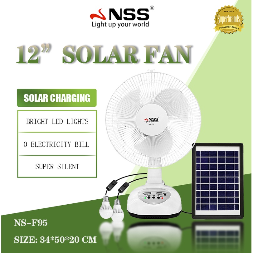 NSS Rechargeable Solar Fan with Panel 12" Solar Electric Fan with LED ...