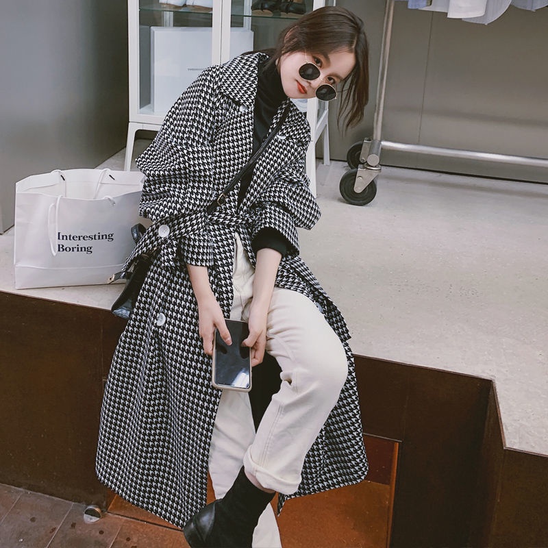 Black and white plaid trench coat for women's spring and autumn long ...