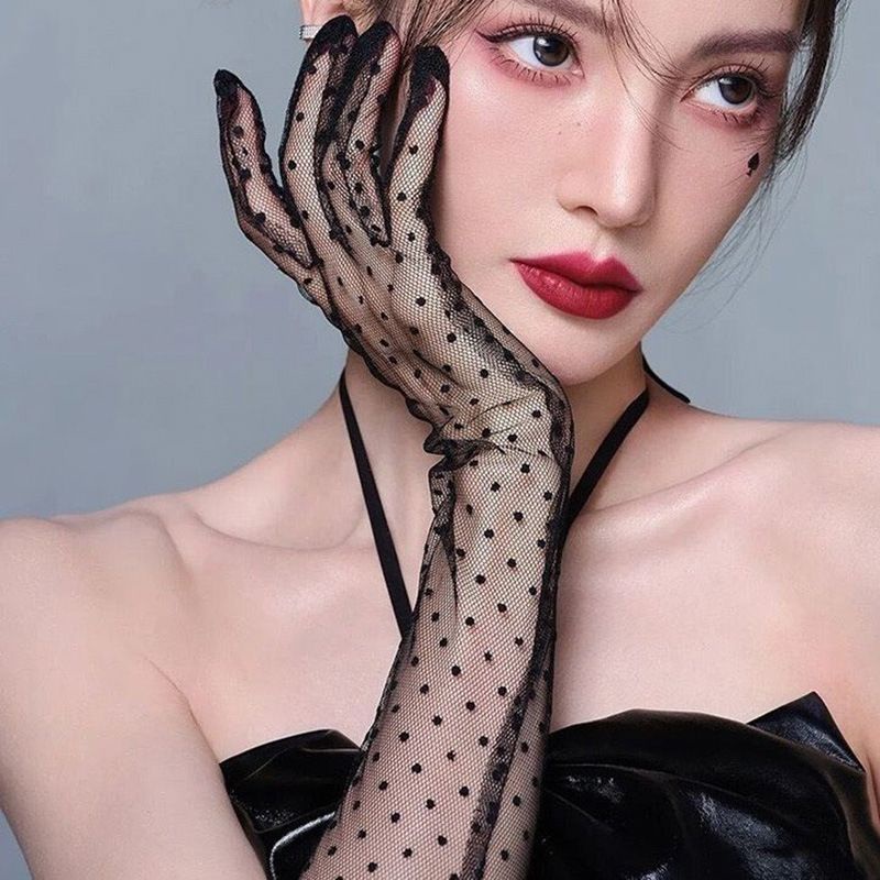 Lace Sheer Gloves Vintage Dots Long Evening Gloves Women Sexy White ...