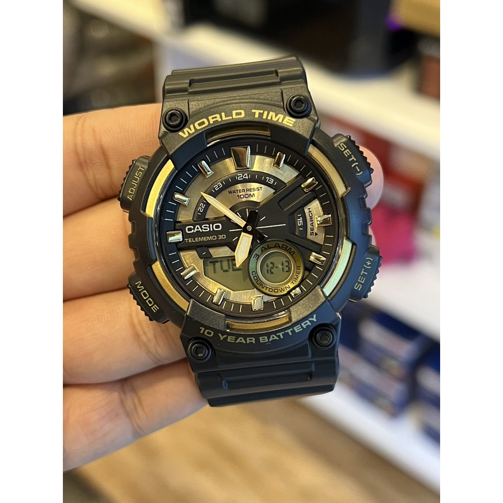 ORIGINAL CASIO World Time Analog Digital Black Resin Band Gold Dial Men's Watch AEQ-110BW-9A ...