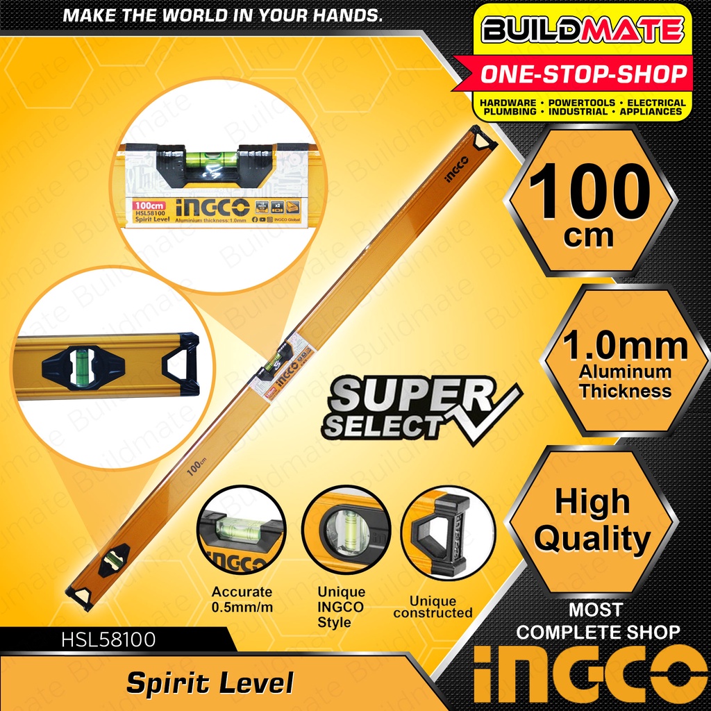 BUILDMATE Ingco 100CM Spirit Level (Double Side Milled) Leveling Tool ...