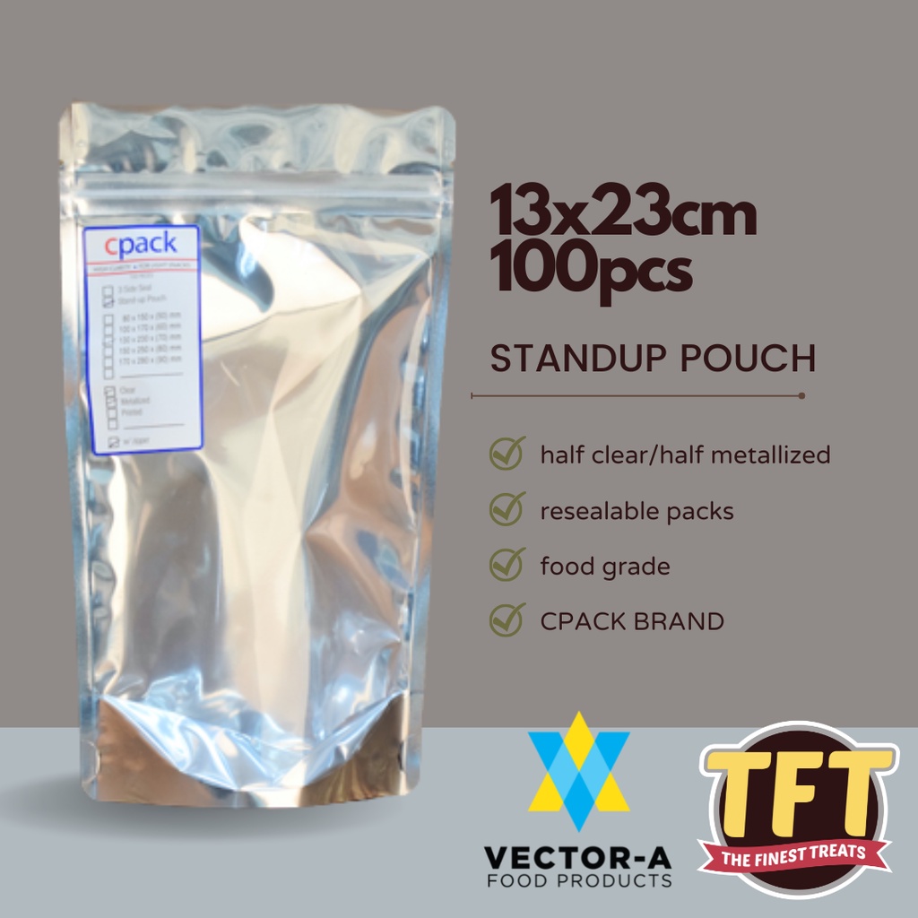Standup Pouch - 13x23 or 15x25 -100pcs pack- Half Clear/Half Metallized - CPACK Brand -with Zip ...