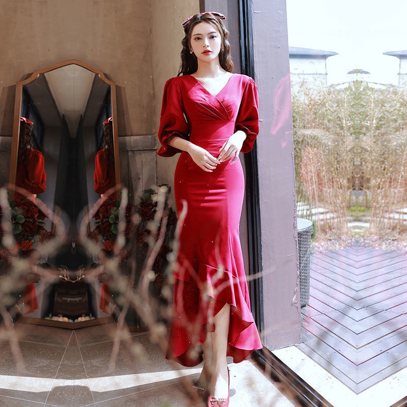 Korean Red Banquet Evening Prom Fishtail Long Dress 25 | Shopee Philippines