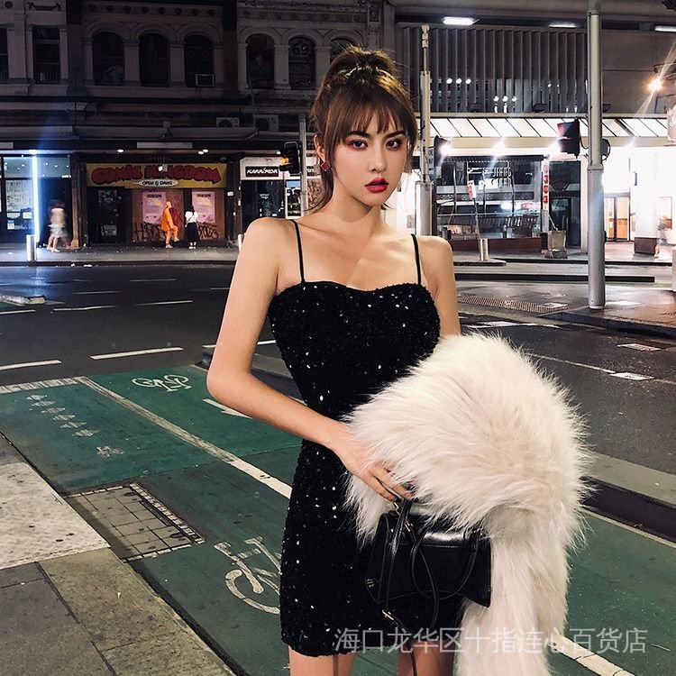 Sequined Dress Shiny Sparkling Sling Skirt Black Disco Short Skirt Sexy ...