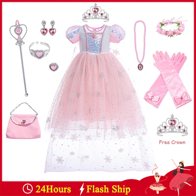 Princess Rapunzel Pink Dress For Kids Girl Sequin Mesh Gown With Cloak ...