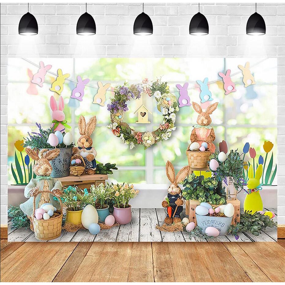 5x3ft Easter Spring Photography Backdrop Rustic Wood Floor Wreath ...