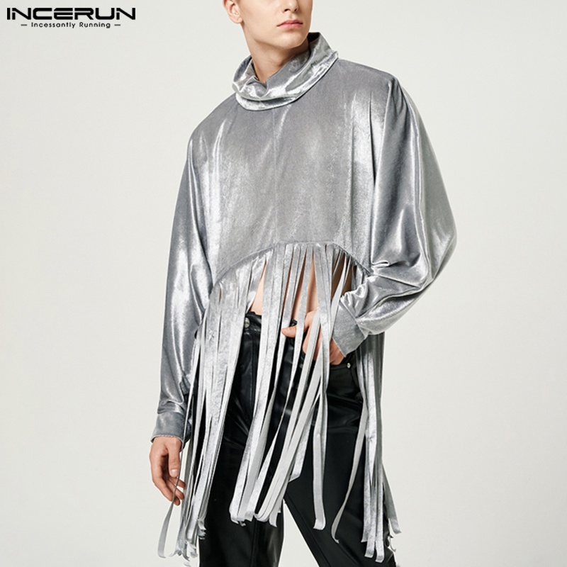 INCERUN Men's Fashion Tassels Long Sleeve Velvet Loose Turtle Neck ...