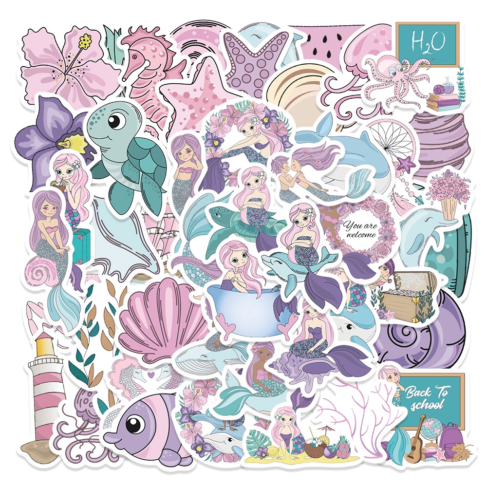 50PCS Cute pink purple mermaid underwater animal Sticker Bike Travel ...