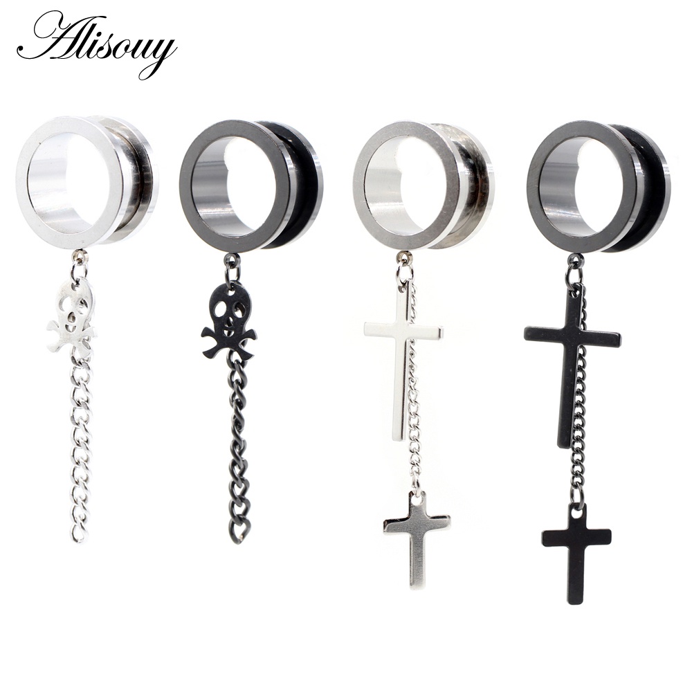 Alisouy 2PCS Stainless Steel Cross Skull Chain Ear Gauge Plug Tunnel ...