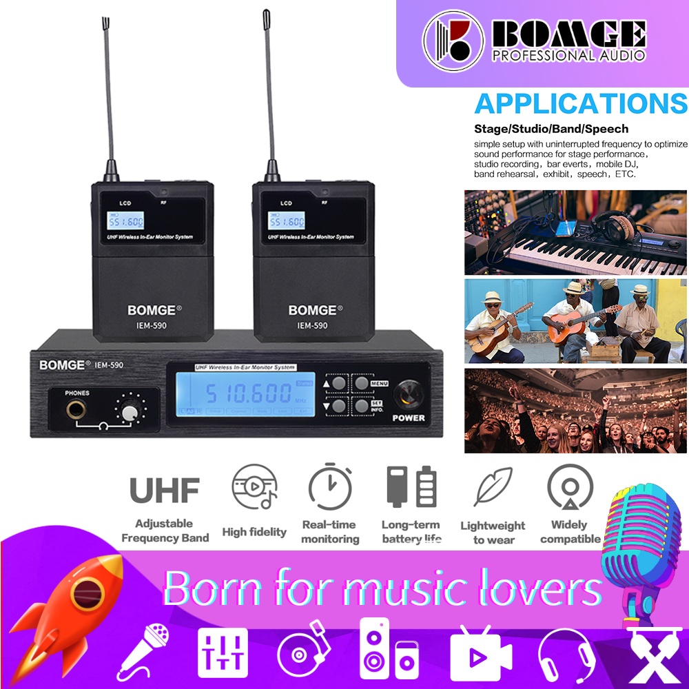 BOMGE Pro UHF Stereo audio wireless in-ear monitoring system 180Ft, Rack Mount, Professional IEM ...