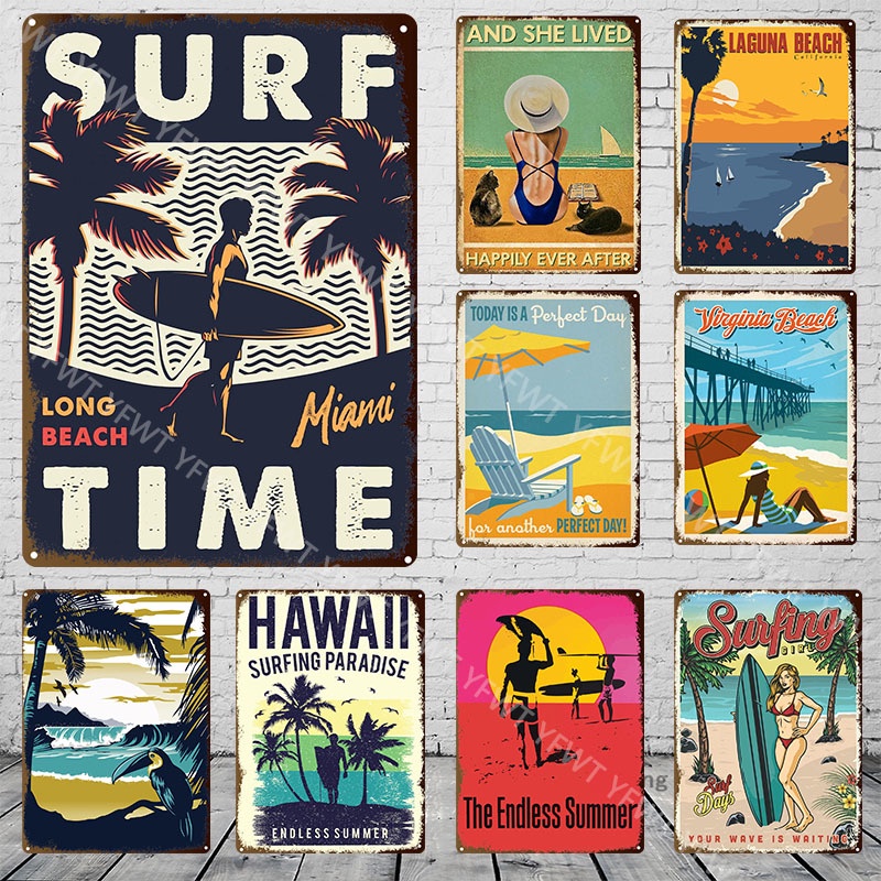 Surfing Landscape Metal Signs Vintage Tin Sign Iron Poster Decorative ...