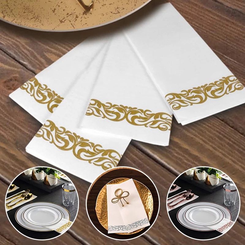 10pcs Table Paper Napkins Elegant Tissue Vintage Towel White Foil Gold ...