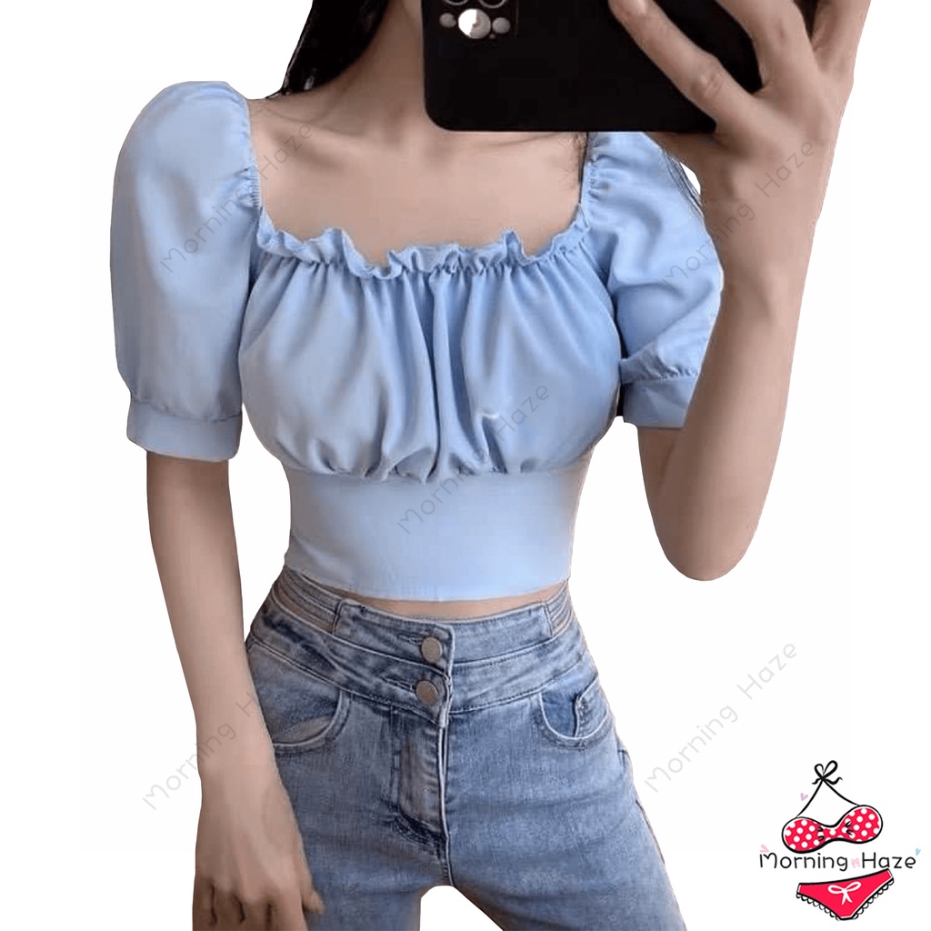 Korean Crop Top Puff Off shoulder Crepe Crop Top Short Blouse B1400 ...