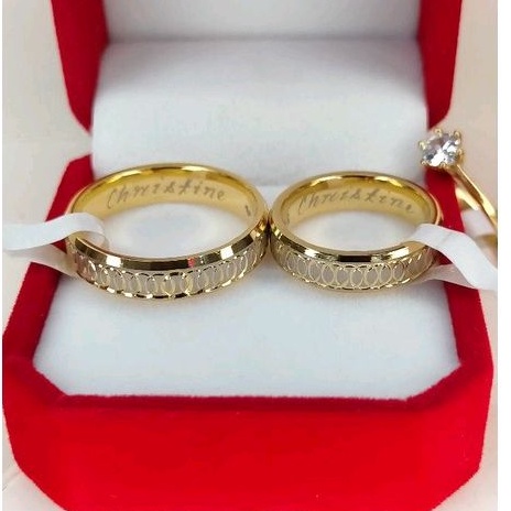 18K GOLD STEEL 2IN 1 ) WEDDING RING SET WITH FREE ENGRAVED NON-TARNISH ...