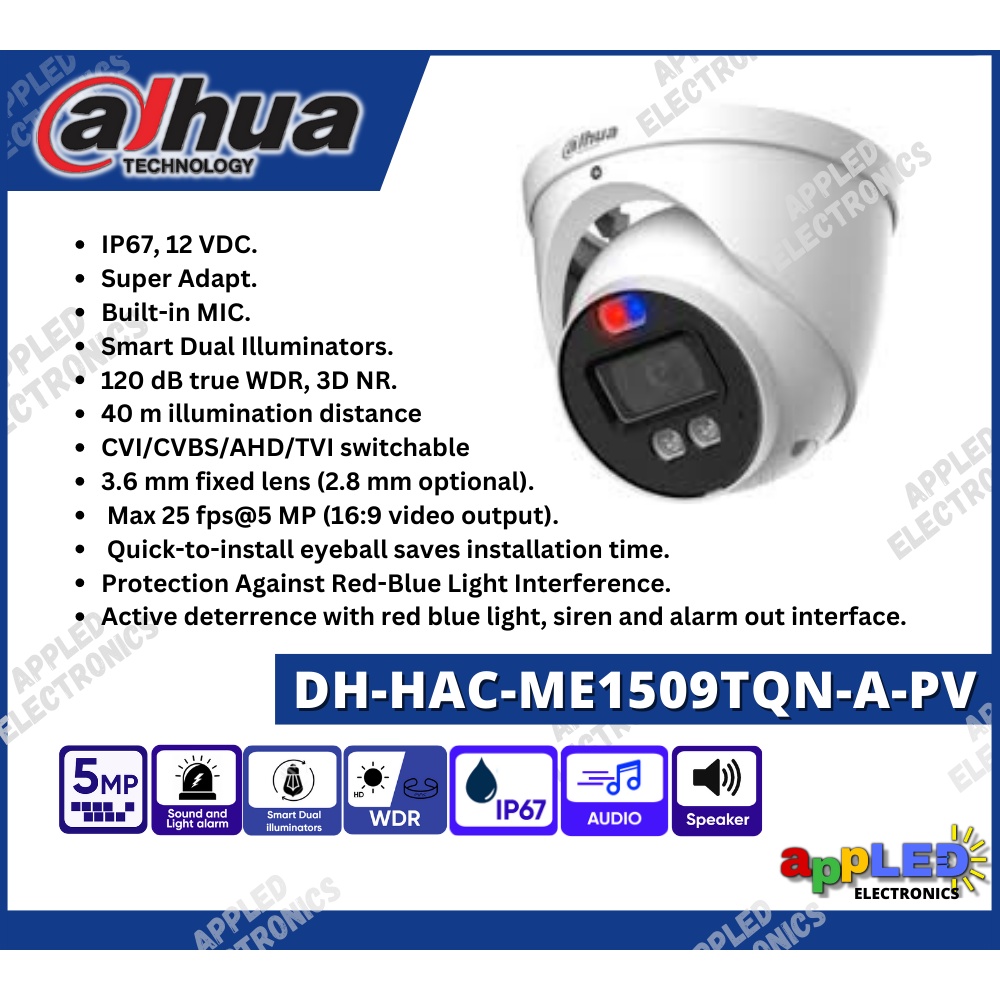 Dahua DH-HAC-ME1509TQN-A-PV 5MP Smart Dual Illuminators Active Deterrence HDCVI Analog Eyeball ...