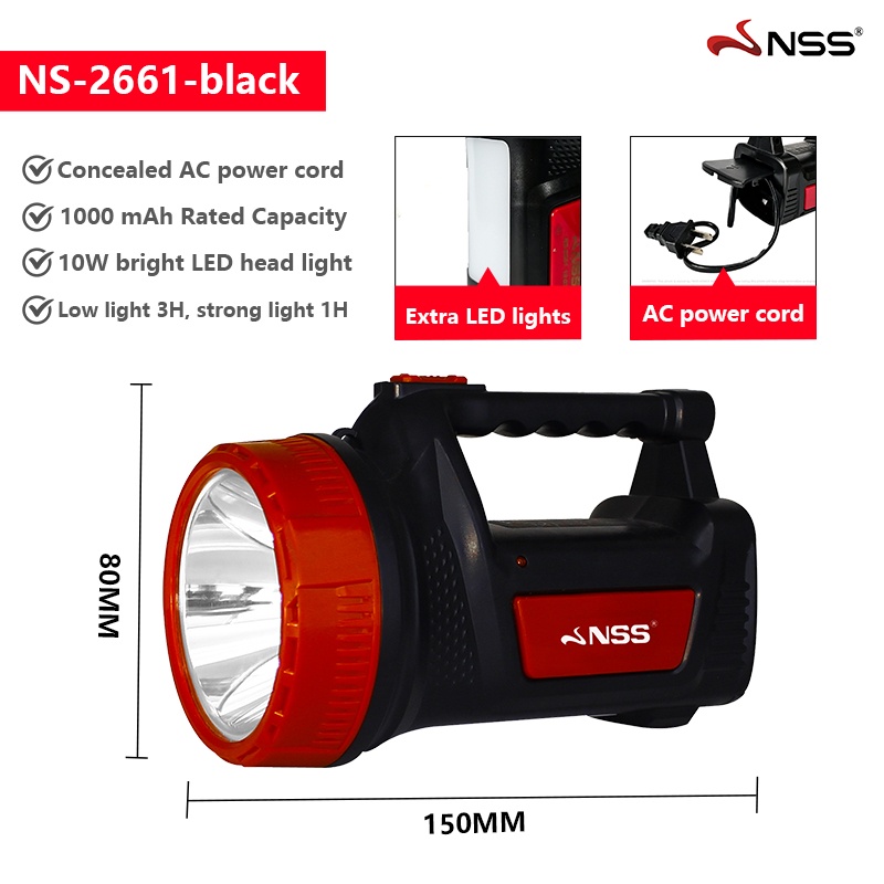 NSS Super Ultra-Bright LED Searchlight Flashlight 1000mAh Rechargeable ...