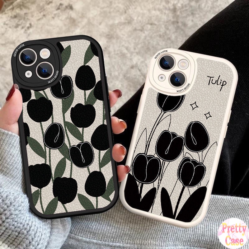 Casing Oval Big Eye Soft Phone Case Motif Black Tulip Leaf Compatible ...