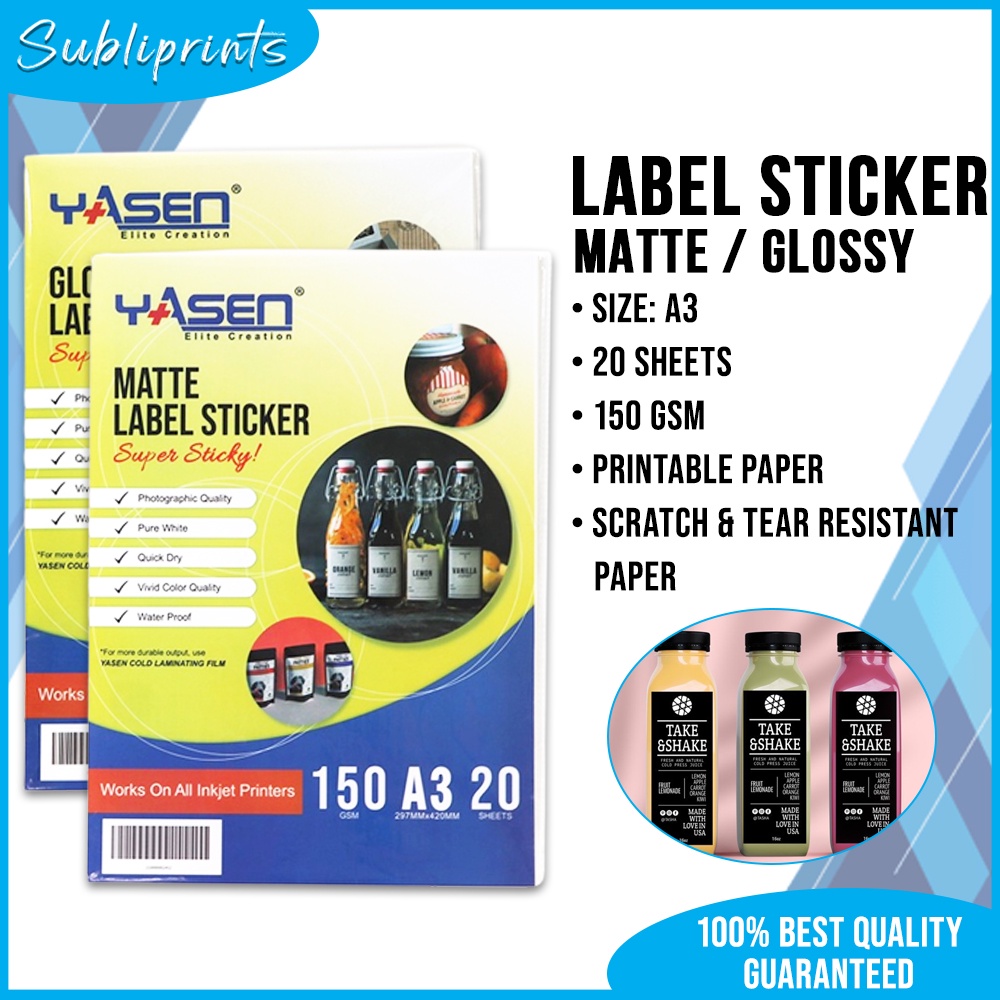 A3 Yasen Glossy Label Sticker Glossy/Matte 150gsm Printable 20sheets ...