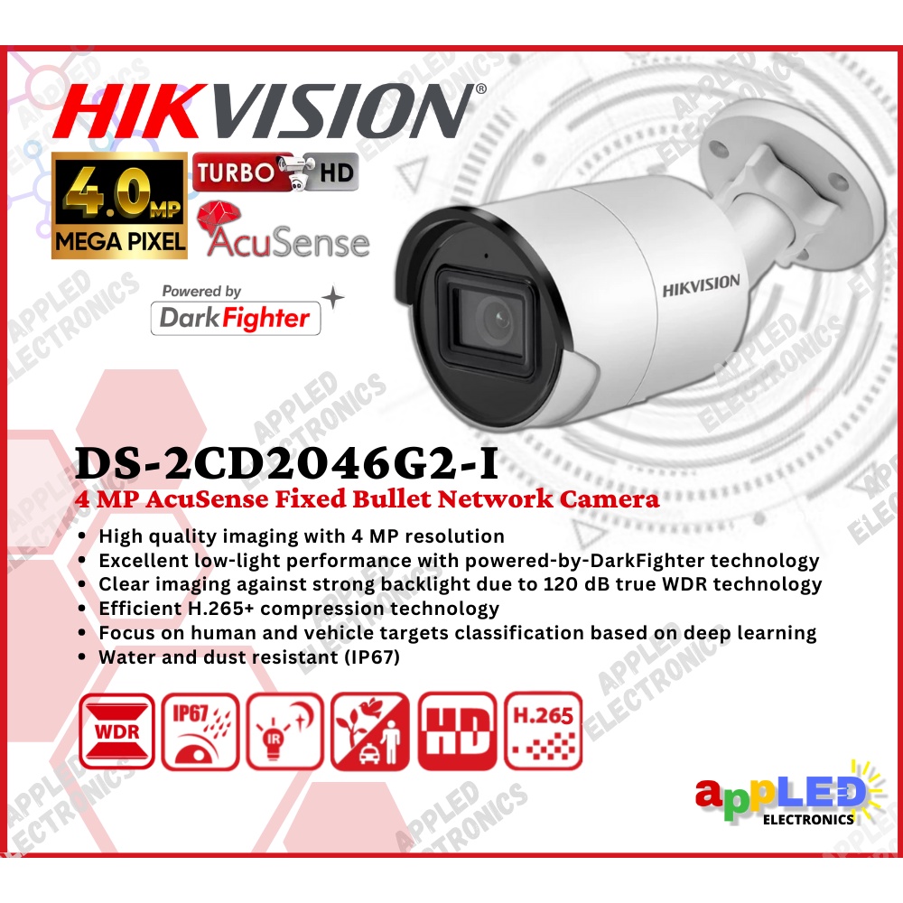 Hikvision DS-2CD2046G2-I 4MP Acusense DarkFighter Bullet IP Network Infrared CCTV Camera ...