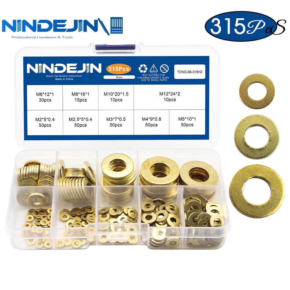 NINDEJIN Brass Flat Washer Set 280/315pcs M2-M12 Metric Brass Plain ...